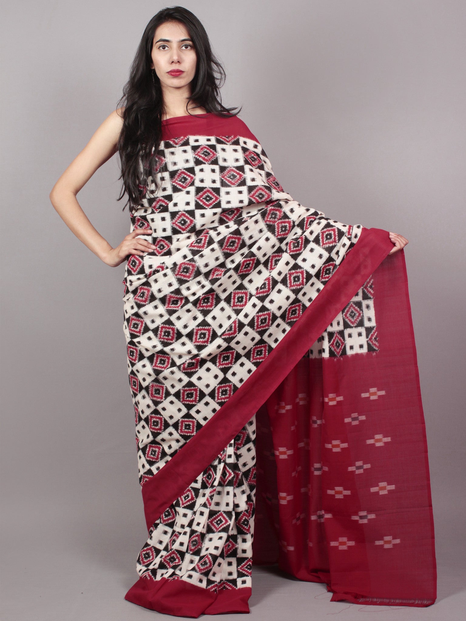 Black Red Ivory Telia Rumal Double Ikat Handwoven Pochampally Merceriz ...