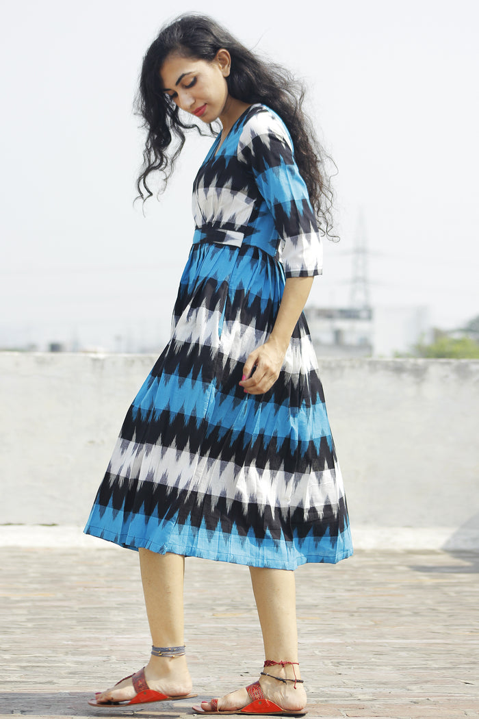 Blue Black Ivory Ikat Dress With Gathers & Side Pockets - D118F931 ...