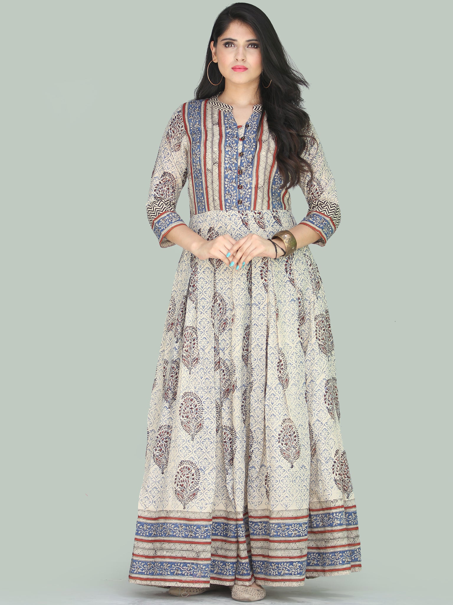 Naaz Minaz - Hand Block Printed Long Cotton Dress With Lining - DS111F ...