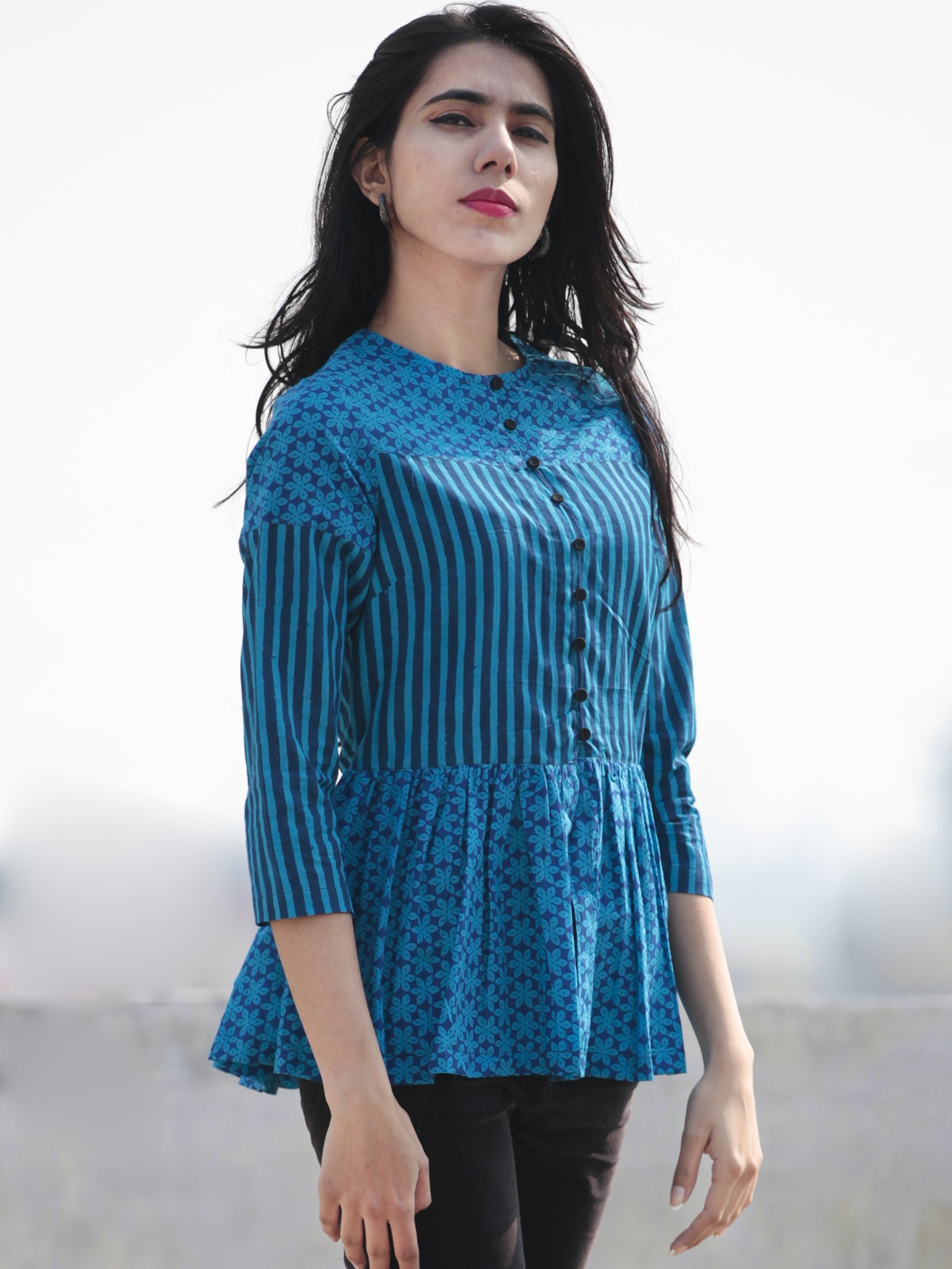 Ink Blue, Cerulean Blue Hand Block Printed Cotton Top With Gathers - T ...