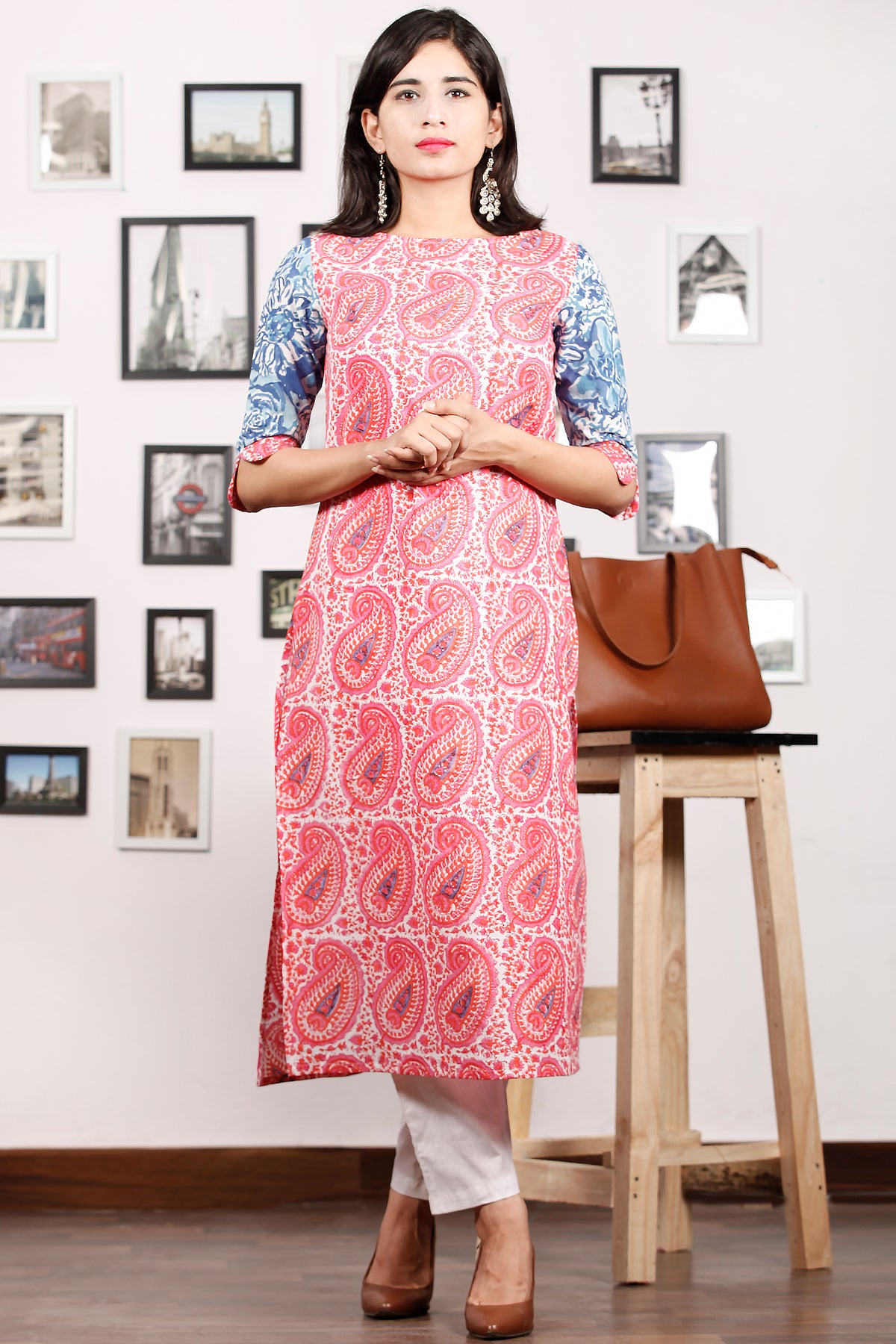 Pink Blue White Hand Block Printed Kurta in Natural Colors - K81F1480 ...