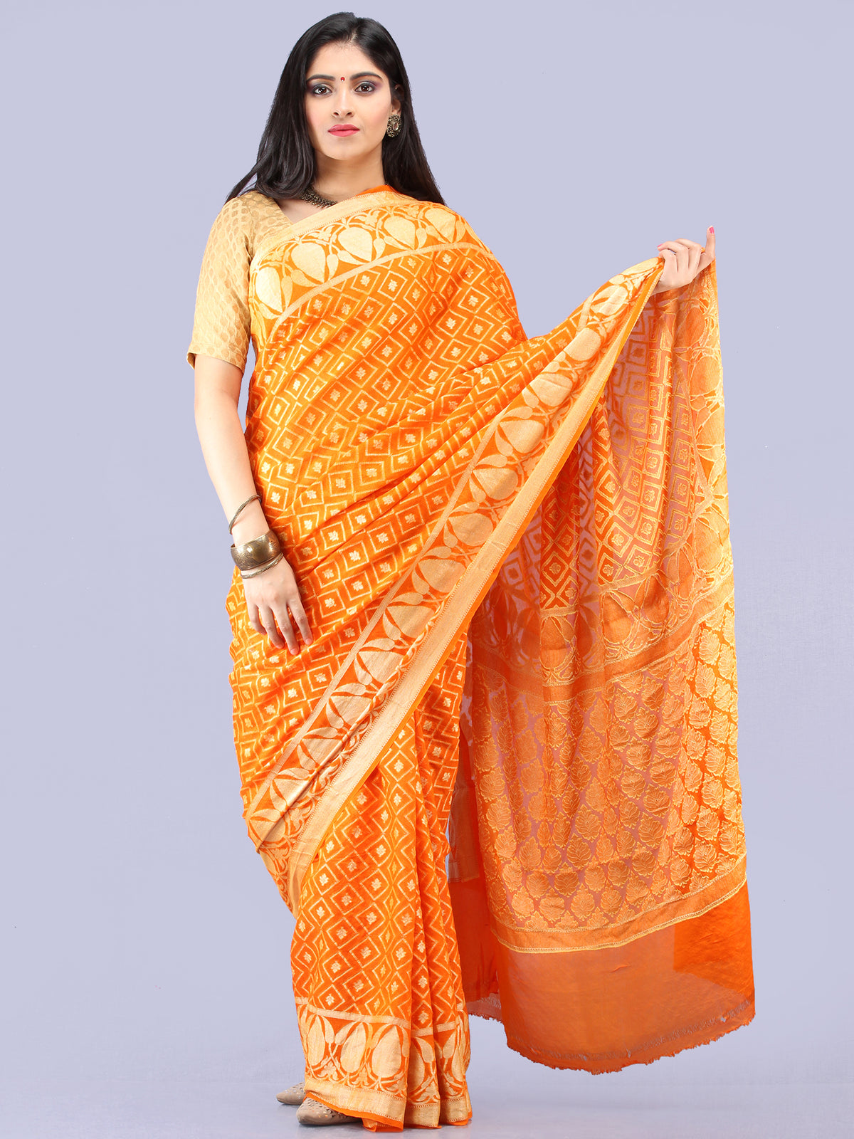 Banarasee Pure Chiffon Saree With Zari Work Orange Gold S031704299 InduBindu