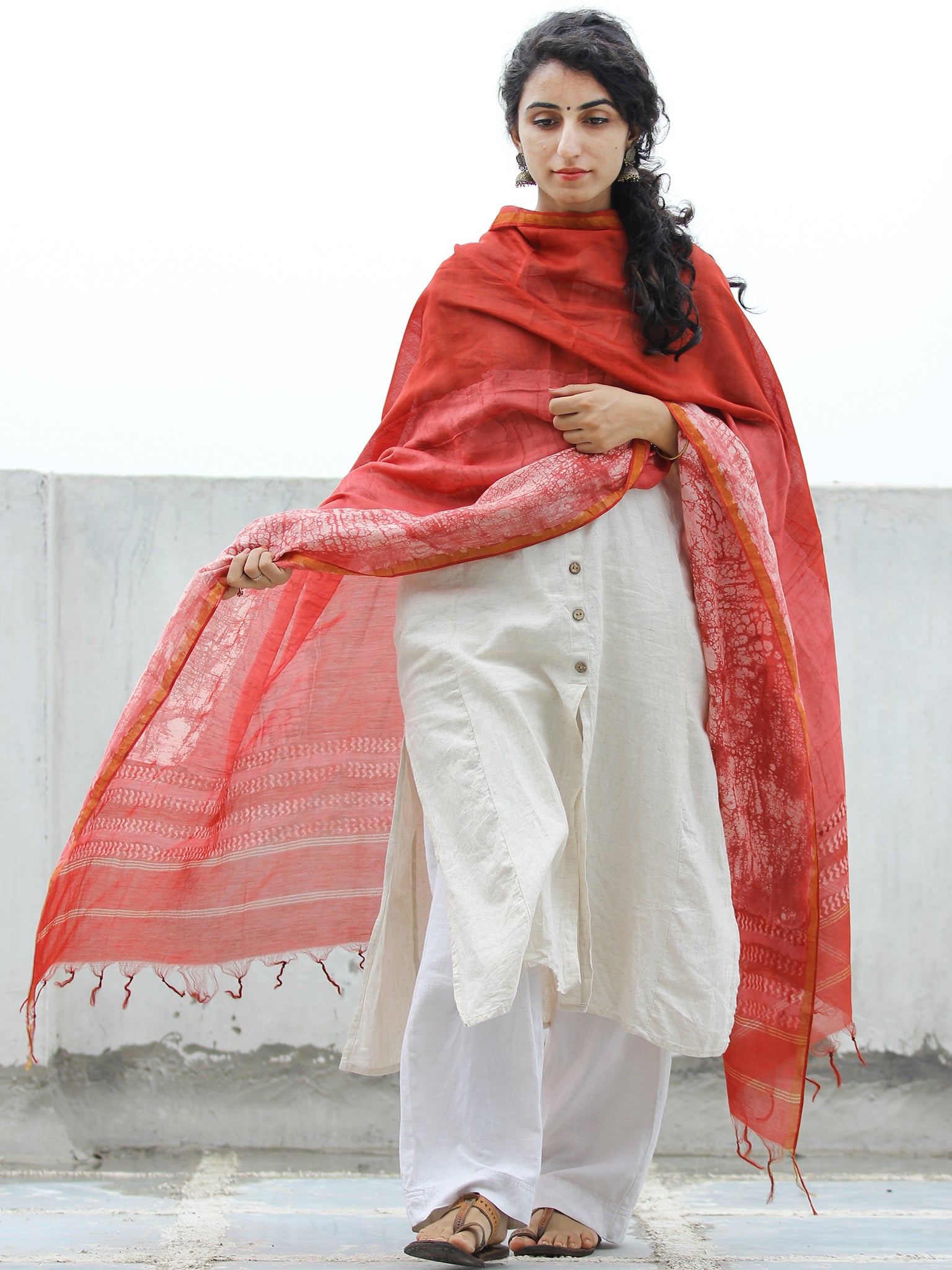 Red Ivory Hand Block Painted & Hand Block Printed Dupatta - D04170331 ...