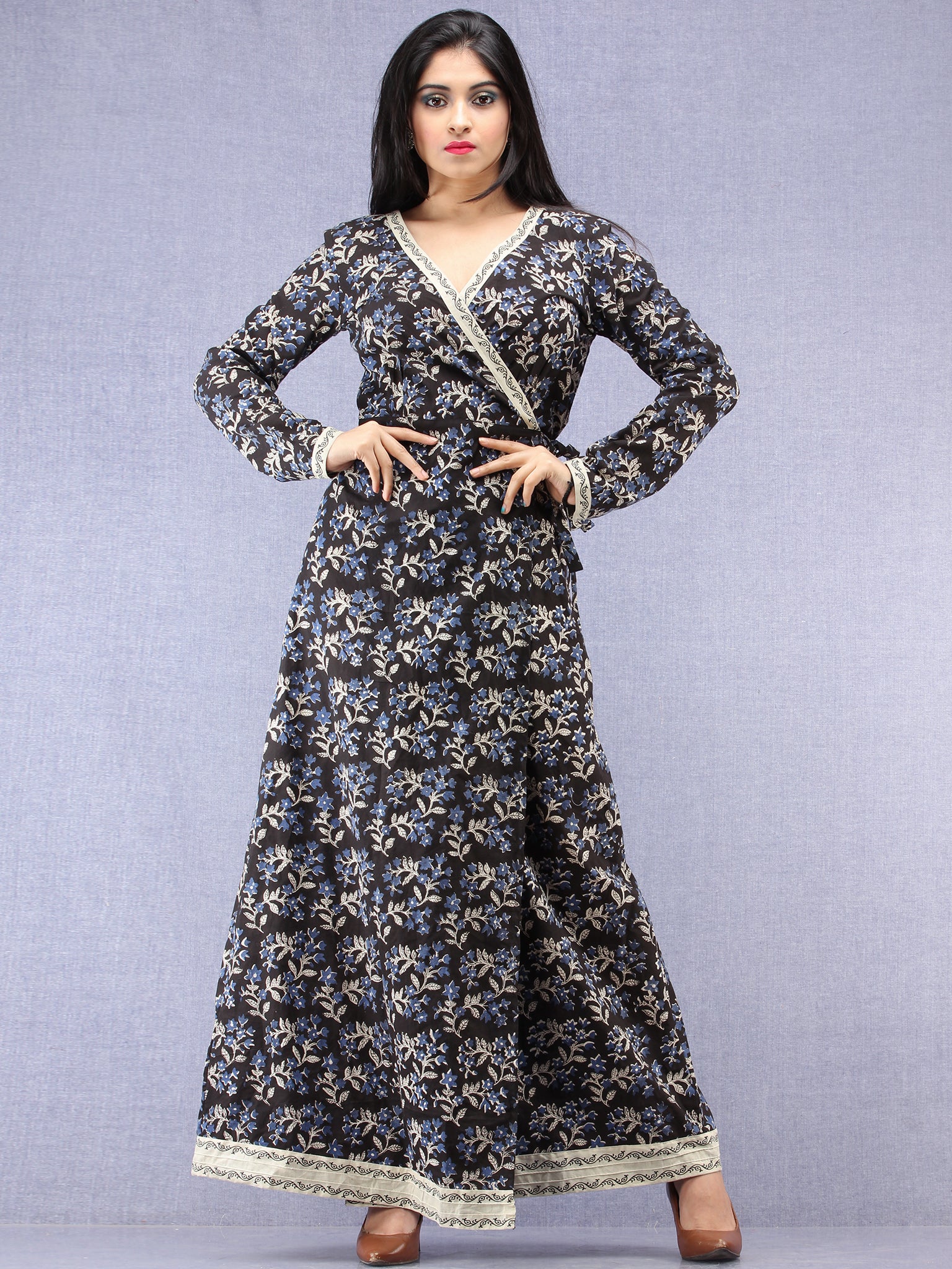 Johi - Hand Block Printed Long Cotton Wrap Round Dress - D394F2062 ...