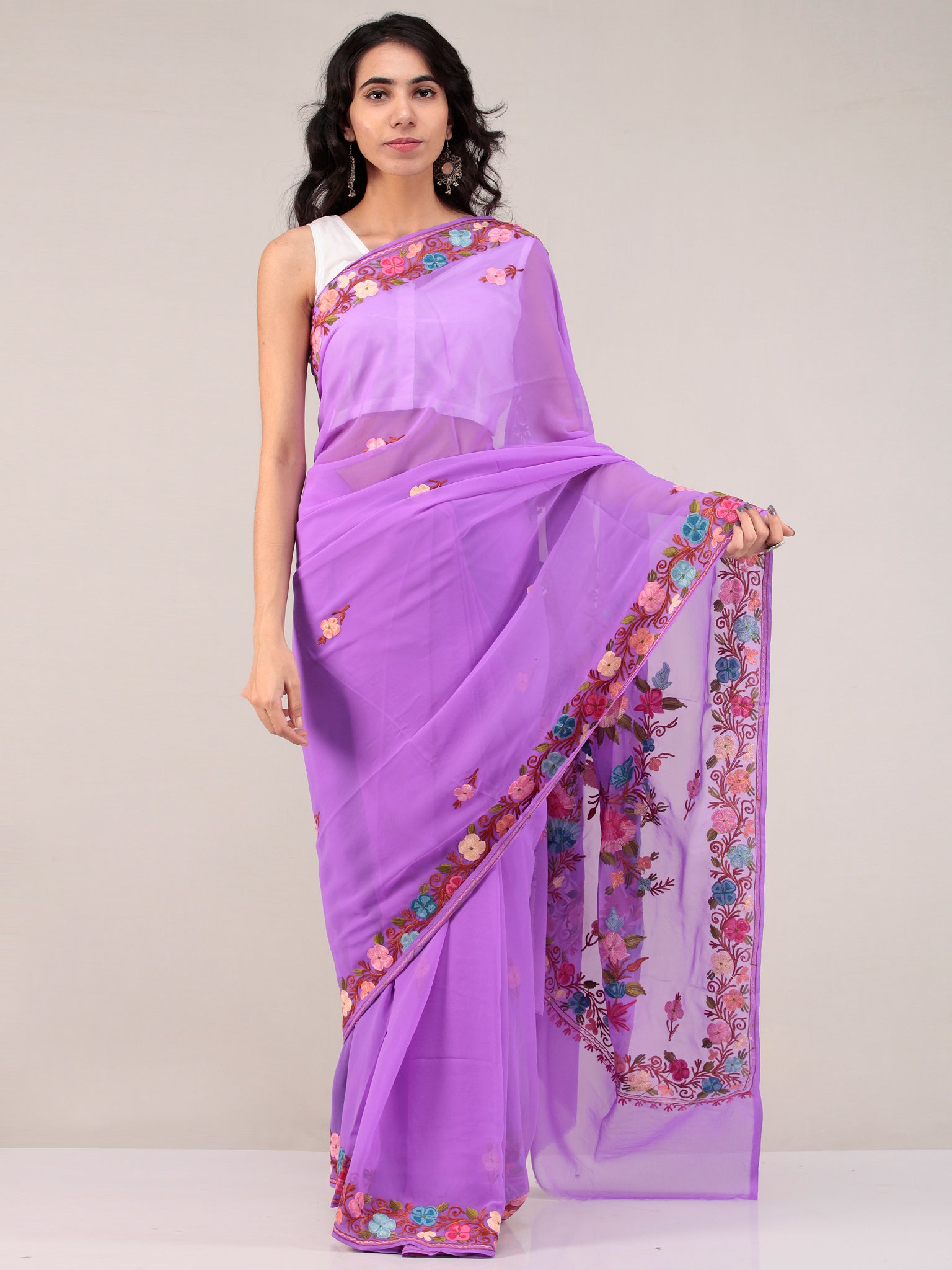 Purple Aari Embroidered Georgette Saree From Kashmir - S031704679 ...