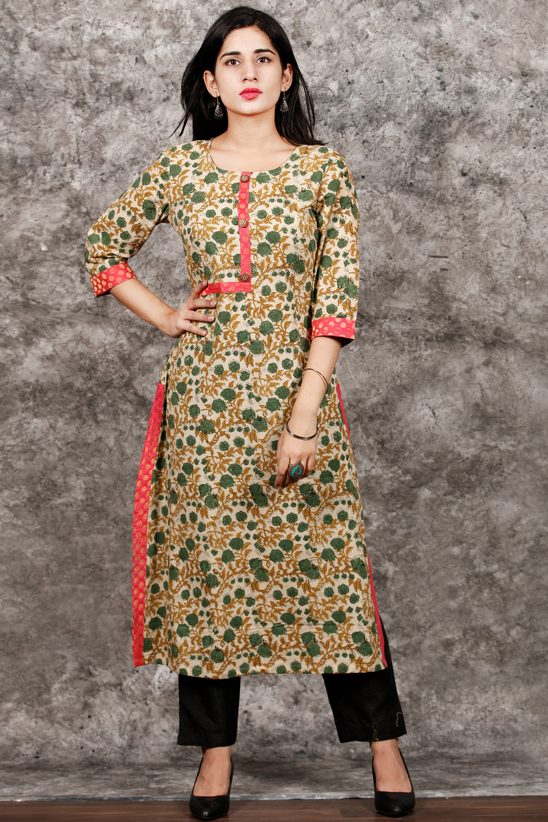 Beige Green Brown Hand Block Printed Kurta in Natural Colors - K122F13 ...