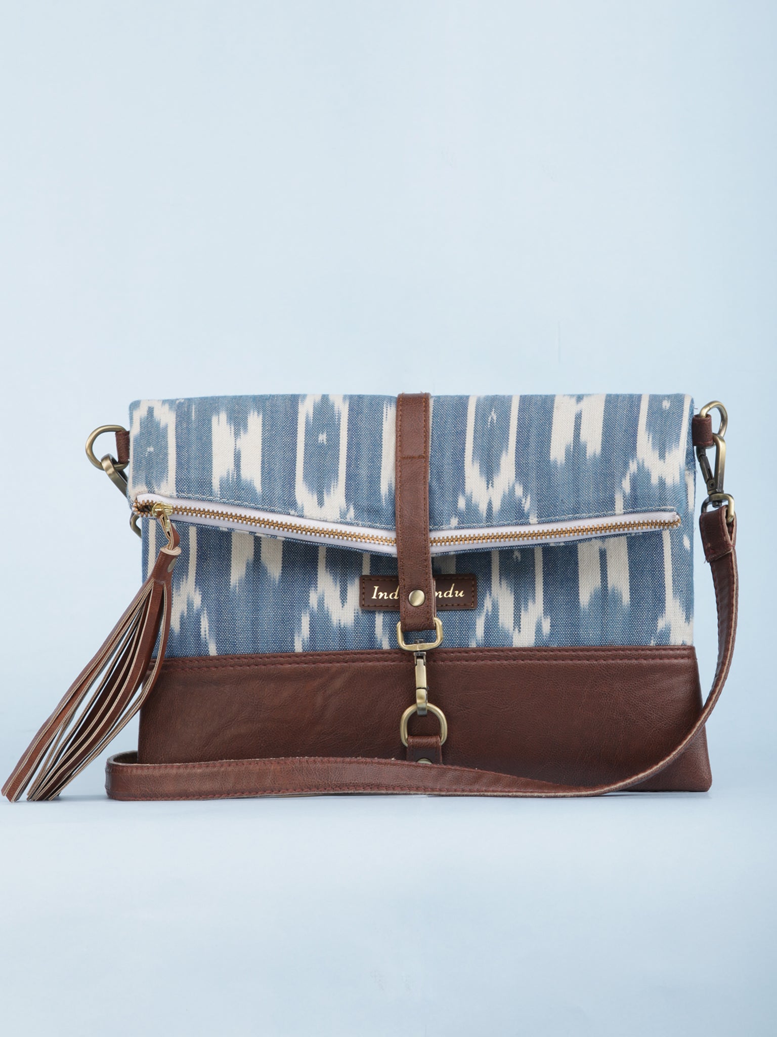 Sky Blue OffWhite Ikat & Vegan Leather Fold Over Sling Bag - B1301 ...
